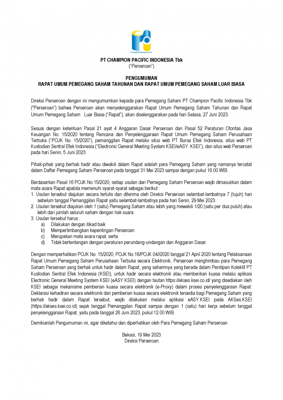 Pengumuman RUPST dan RUPSLB - Champion Indonesia