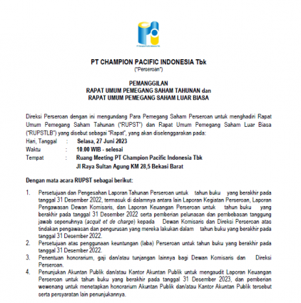Pemanggilan RUPST dan RUPSLB - Champion Indonesia